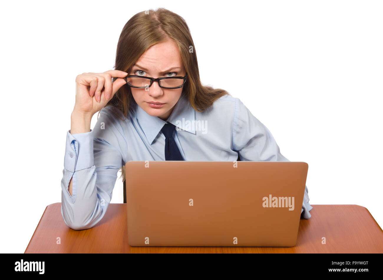 Office employee with laptop isolated on white Stock Photo - Alamy