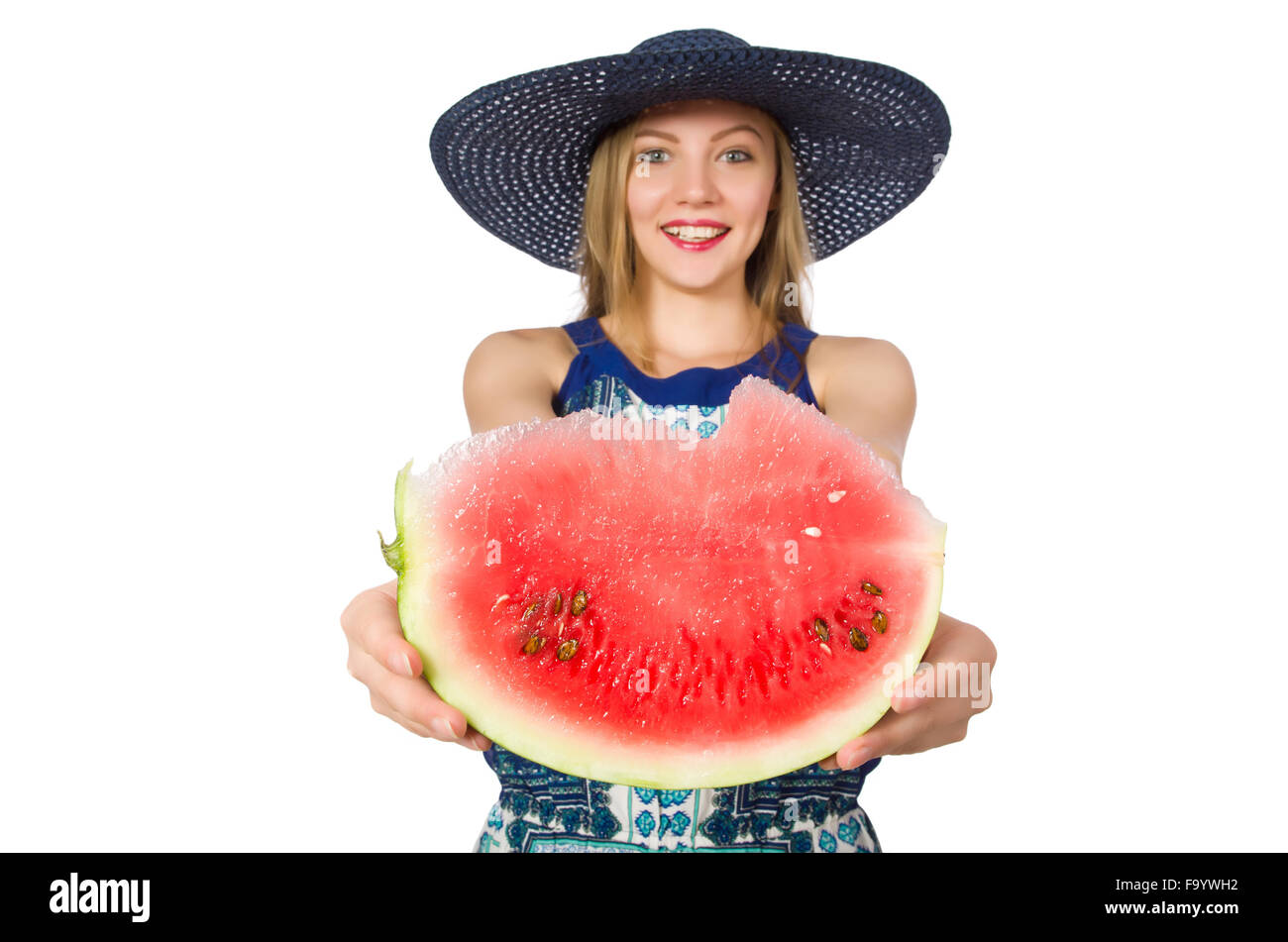 Woman with watermelon isolated on white Stock Photo - Alamy