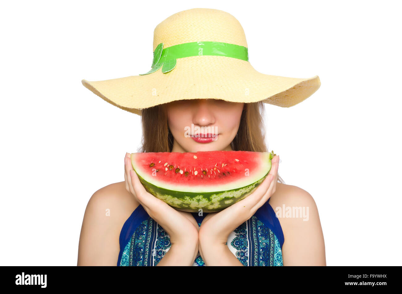 Woman with watermelon isolated on white Stock Photo - Alamy