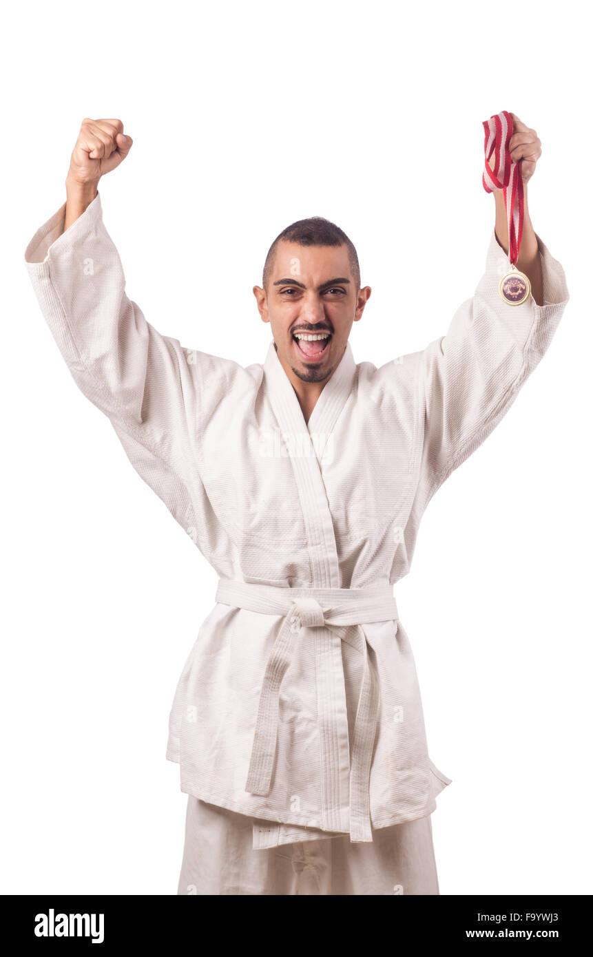 Funny karate fighter with cup on white Stock Photo - Alamy