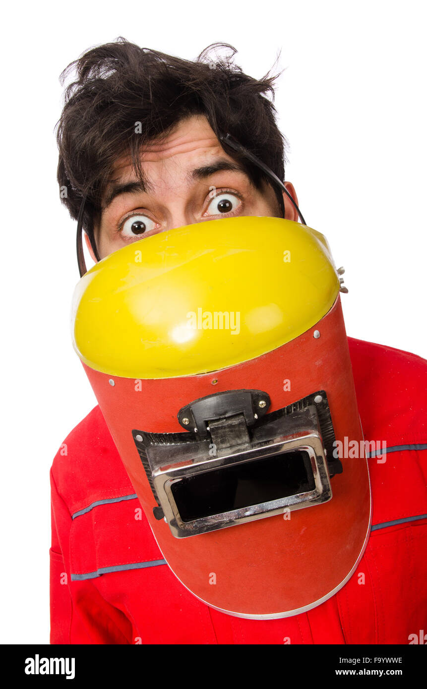 Funny welder isolated on white Stock Photo - Alamy