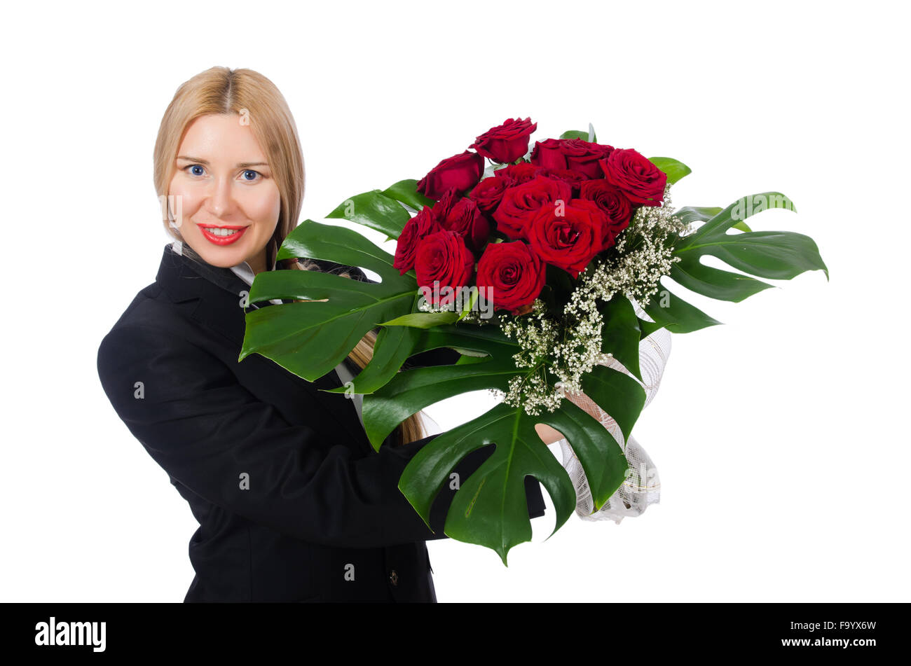 Woman with bunch of roses isolated on white Stock Photo - Alamy