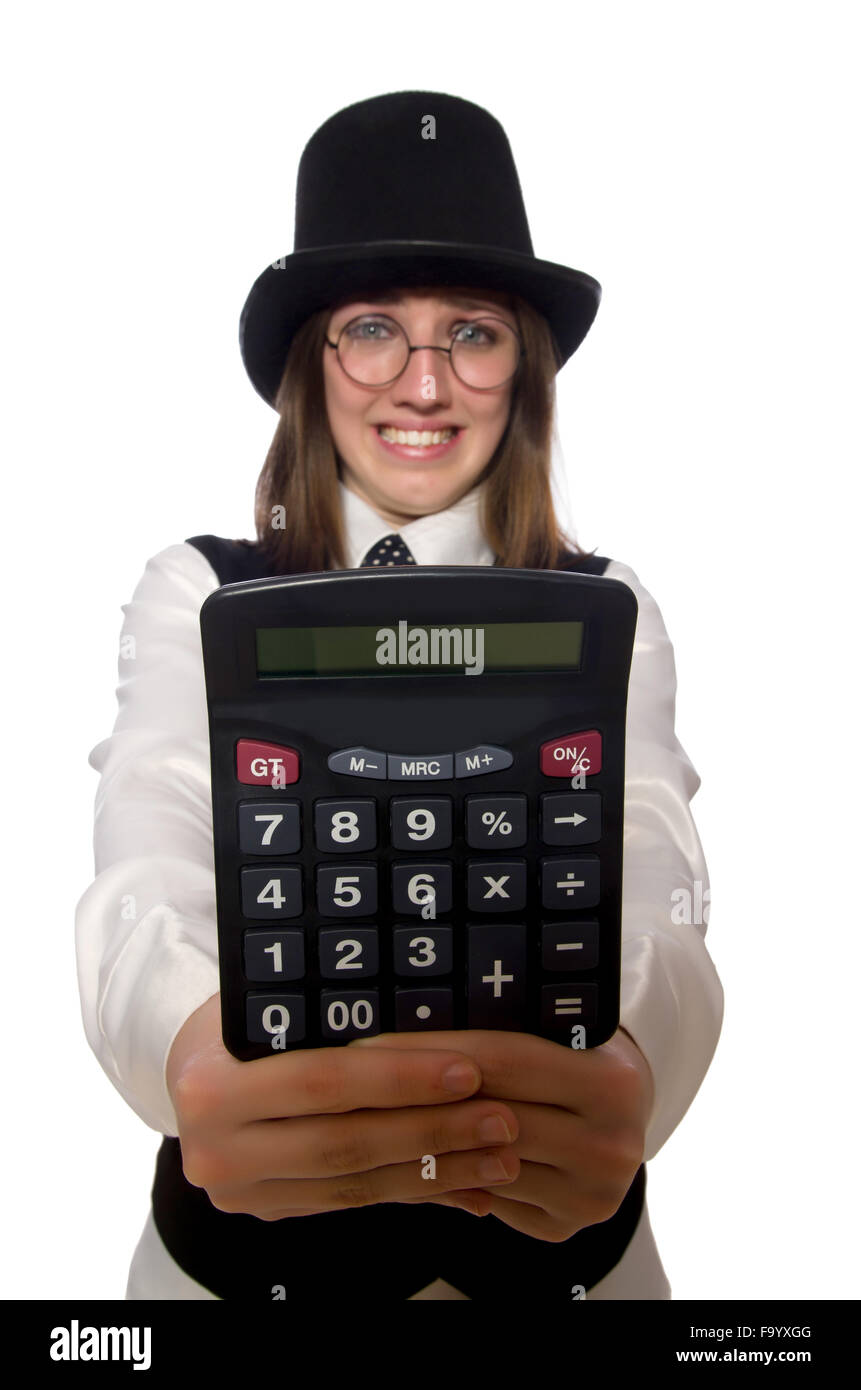 Funny woman with calculator isolated on white Stock Photo - Alamy