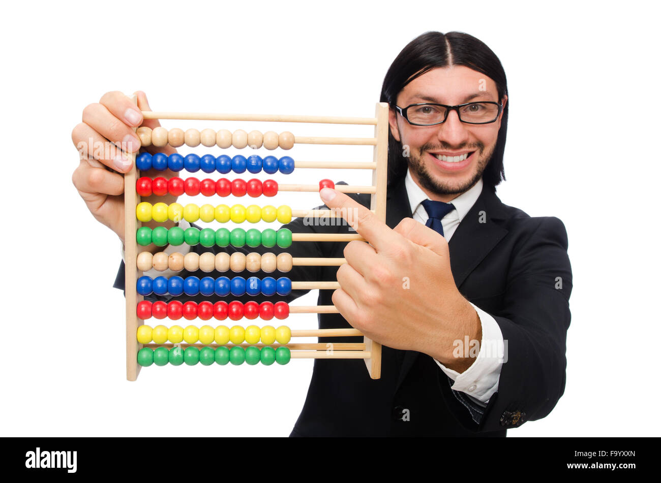 Funny man with calculator and abacus Stock Photo - Alamy