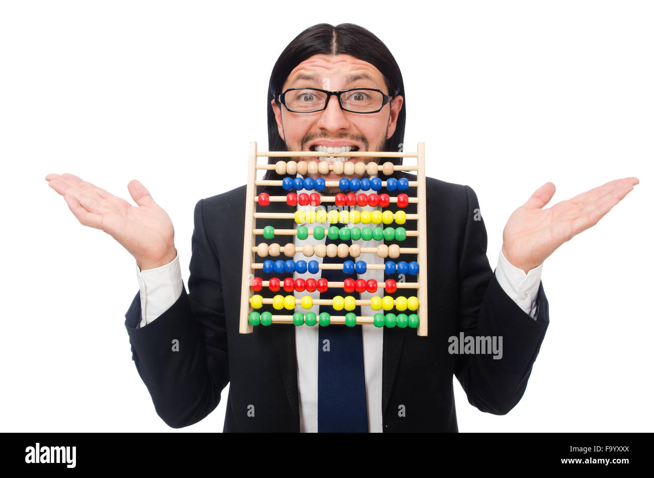 Funny man with calculator and abacus Stock Photo - Alamy