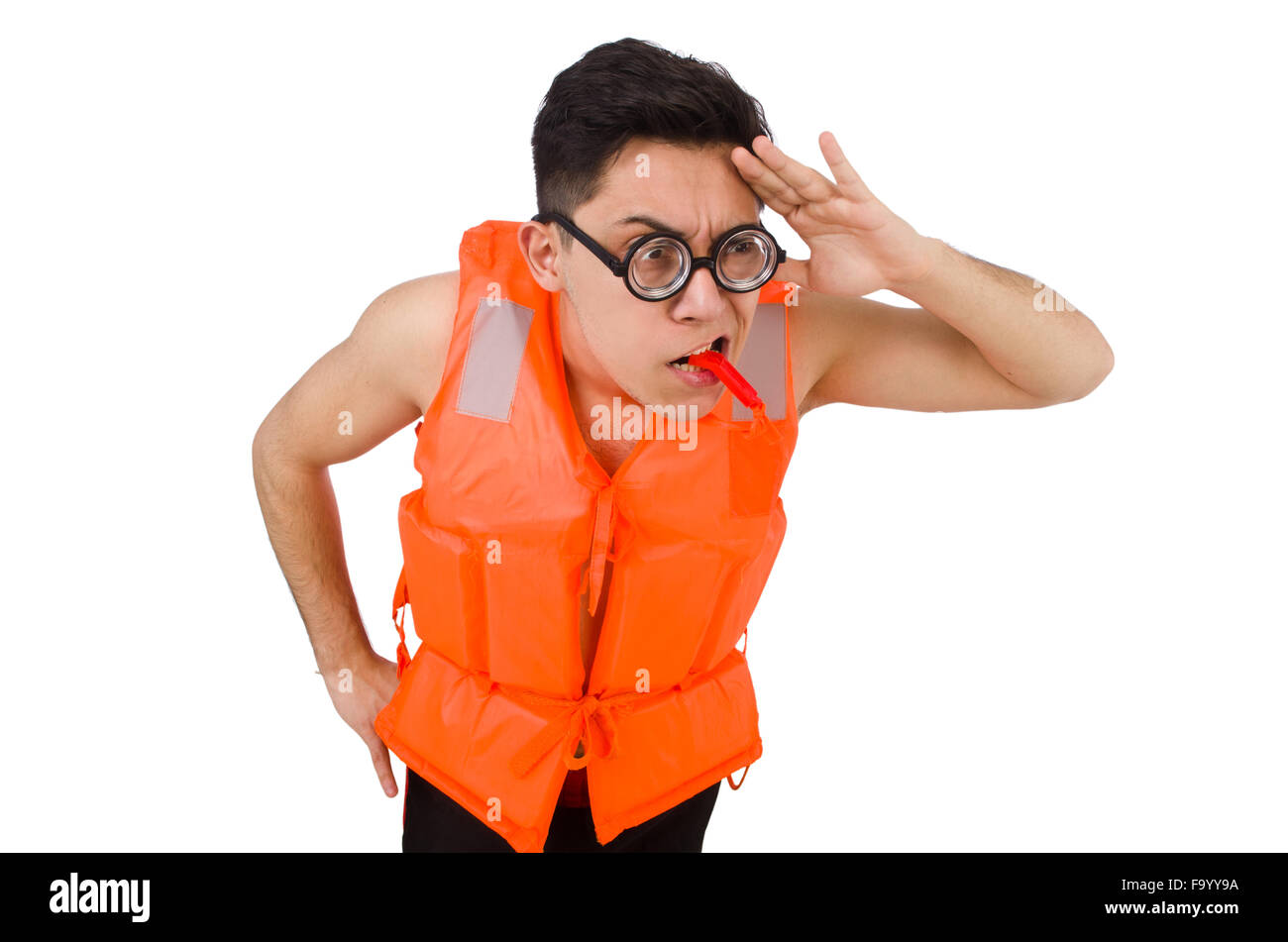 Funny man wearing orange safety vest Stock Photo - Alamy