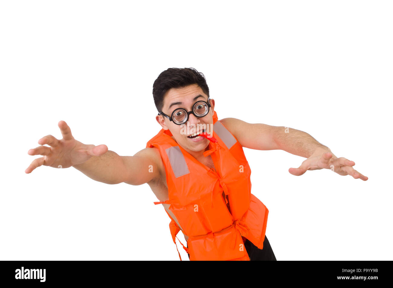 Funny man wearing orange safety vest Stock Photo - Alamy