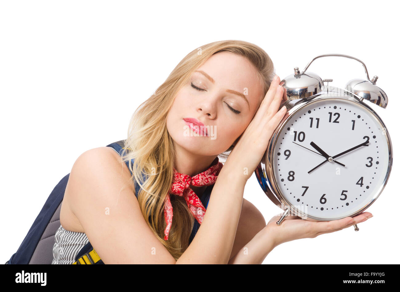Woman student missing deadlines isolated on white Stock Photo - Alamy