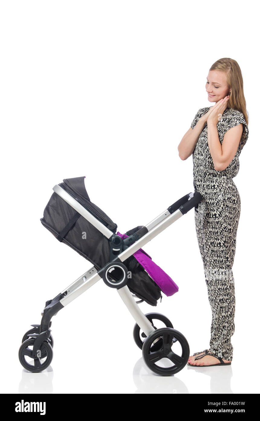 Happy mom with her baby in pram Stock Photo - Alamy