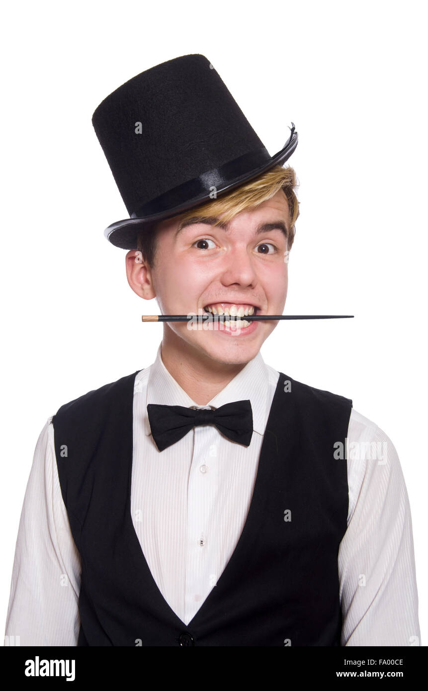 Magician with magic stick isolated on white Stock Photo - Alamy