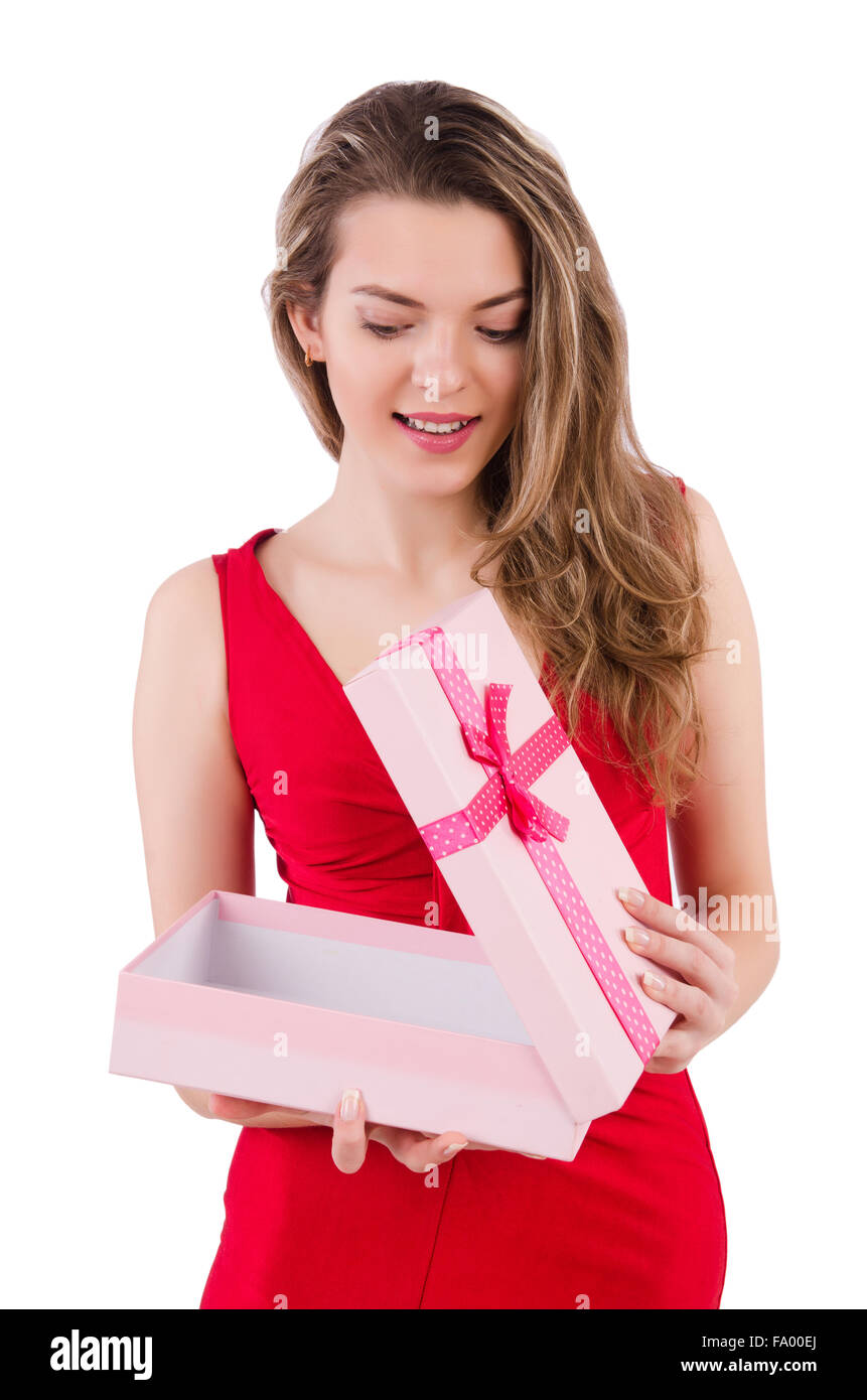 Pretty girl holding gift box isolated on white Stock Photo - Alamy