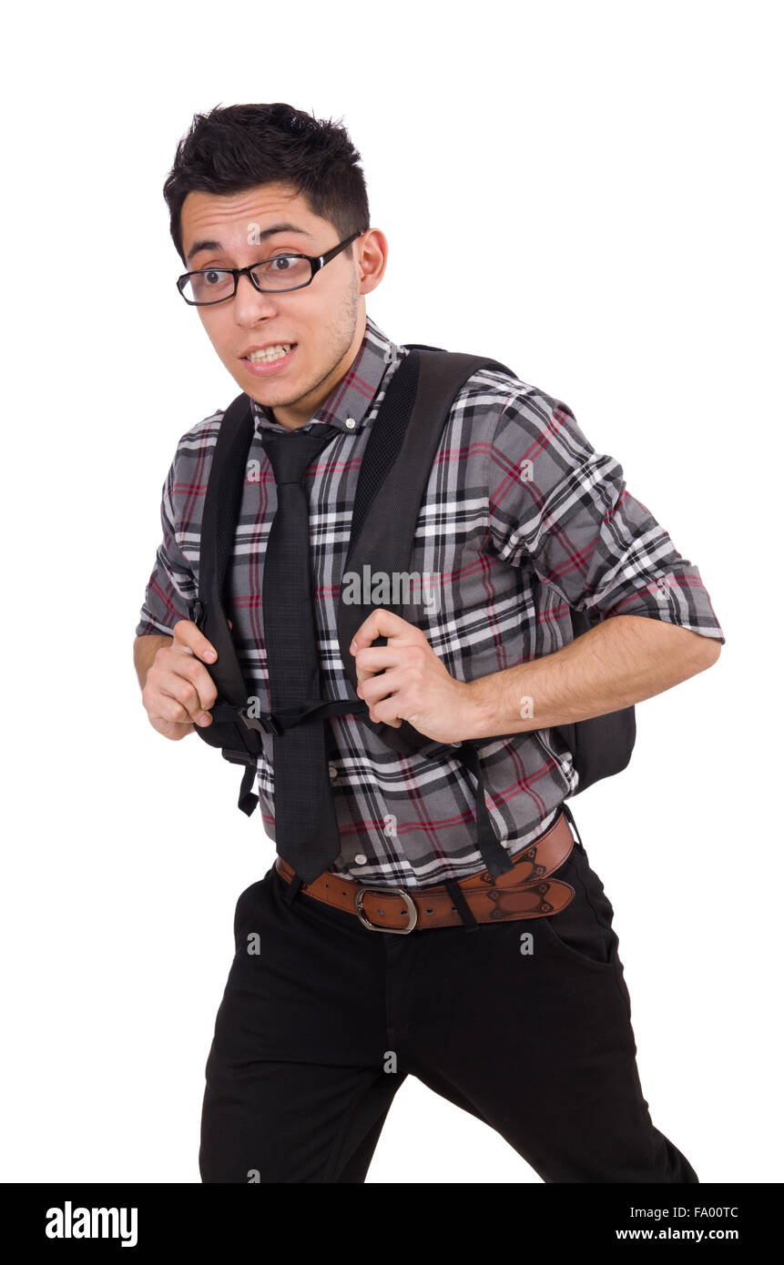 Young employee with backpack isolated on white Stock Photo - Alamy