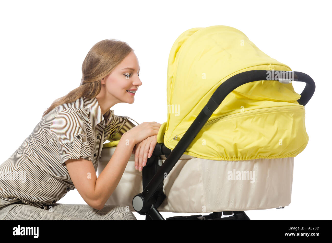 Woman with pram isolated on white Stock Photo - Alamy