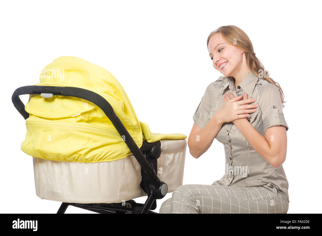 Woman with pram isolated on white Stock Photo - Alamy