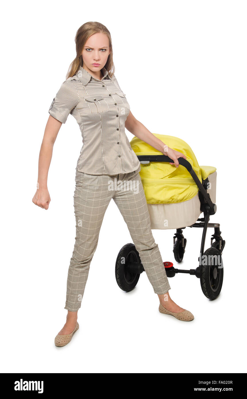 Woman with pram isolated on white Stock Photo - Alamy