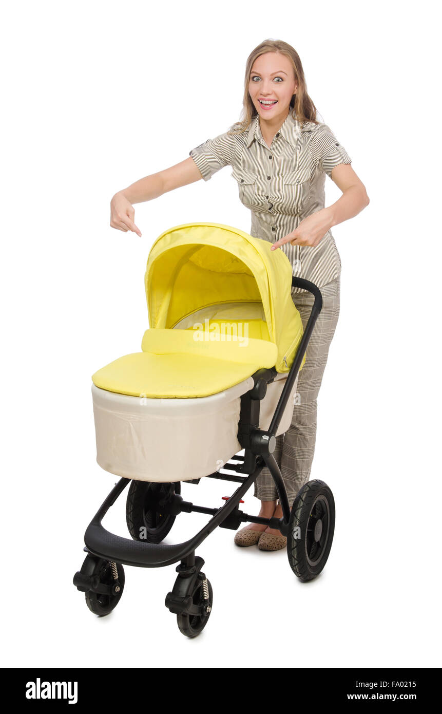 Woman with pram isolated on white Stock Photo - Alamy