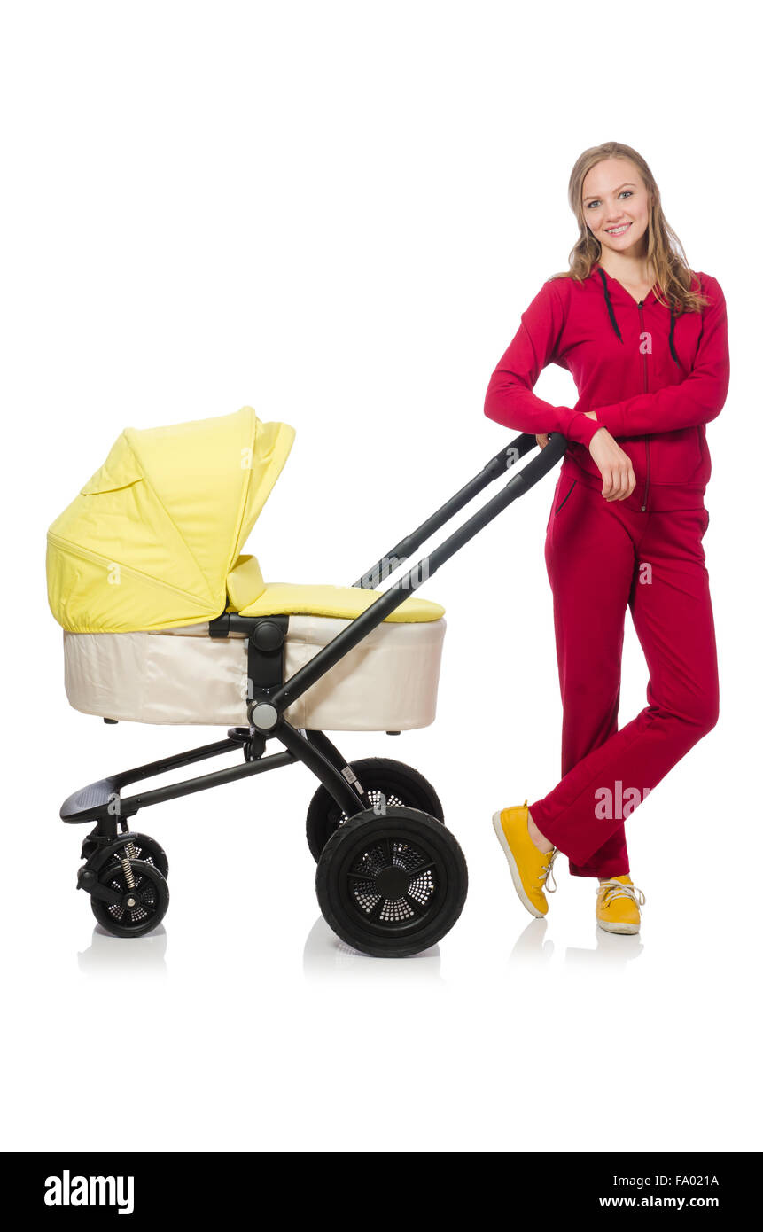 Woman with pram isolated on white Stock Photo - Alamy