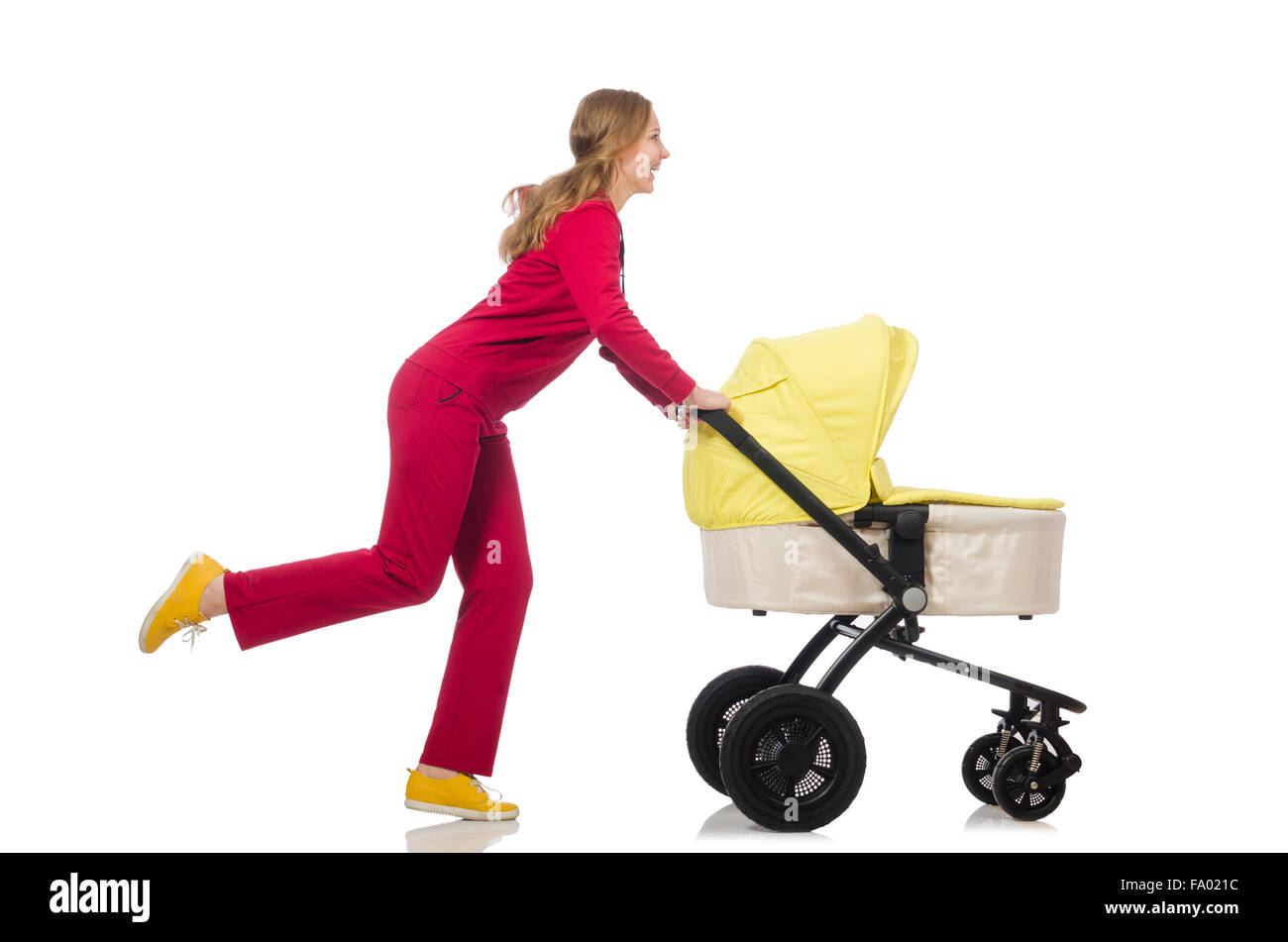 Woman with pram isolated on white Stock Photo - Alamy