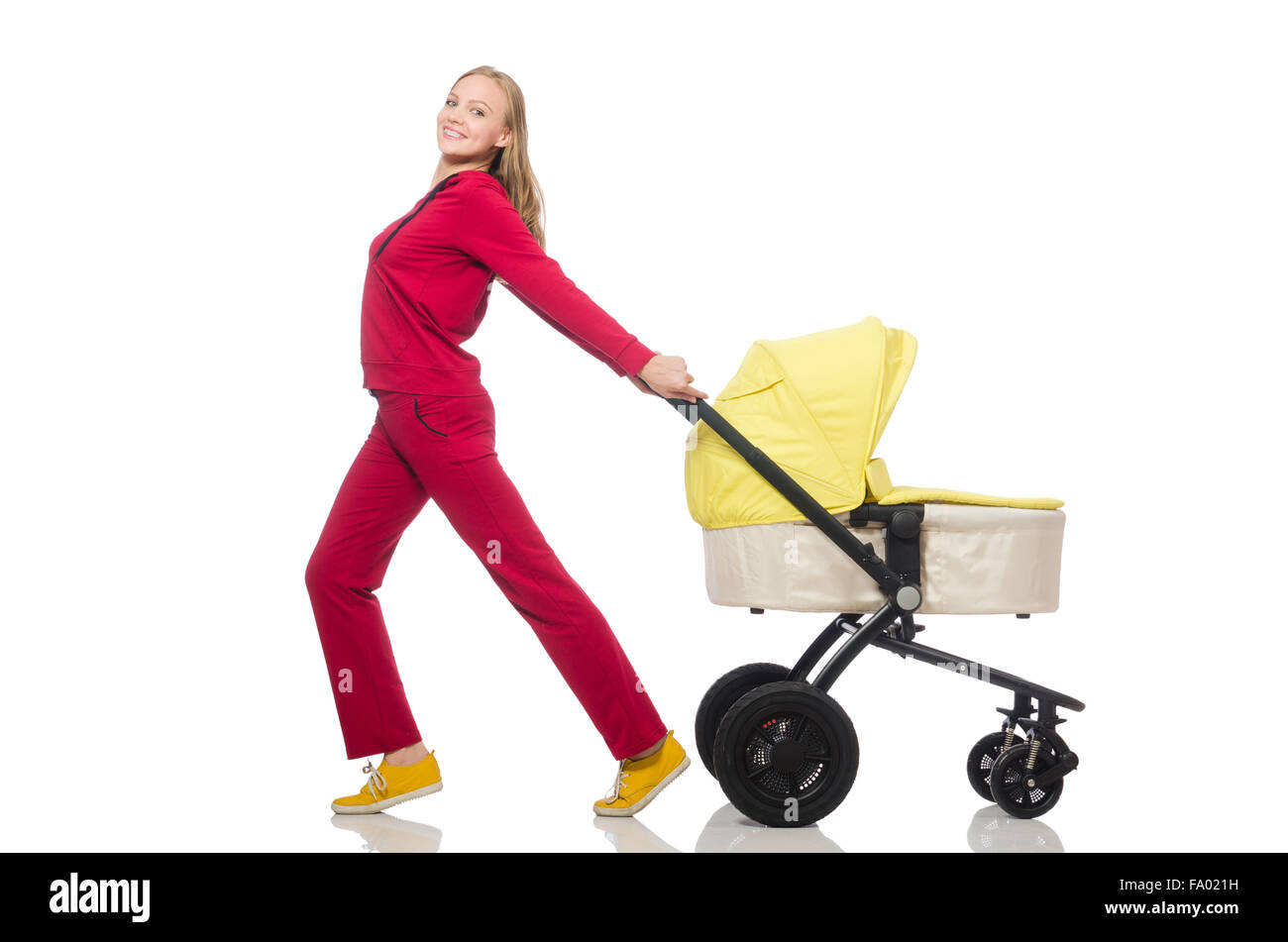 Woman with pram isolated on white Stock Photo - Alamy