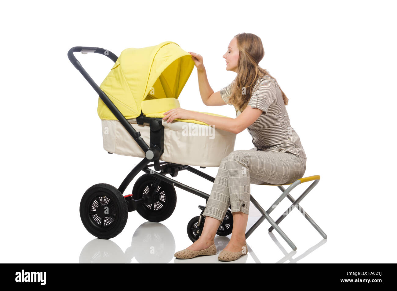 Woman with pram isolated on white Stock Photo - Alamy
