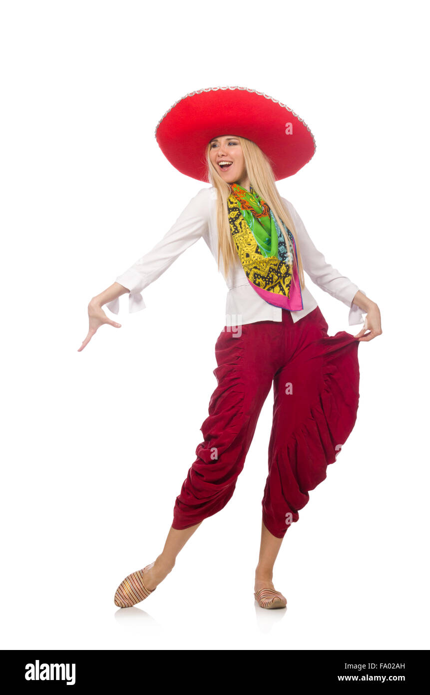 Mexican girl with sombrero dancing on white Stock Photo - Alamy