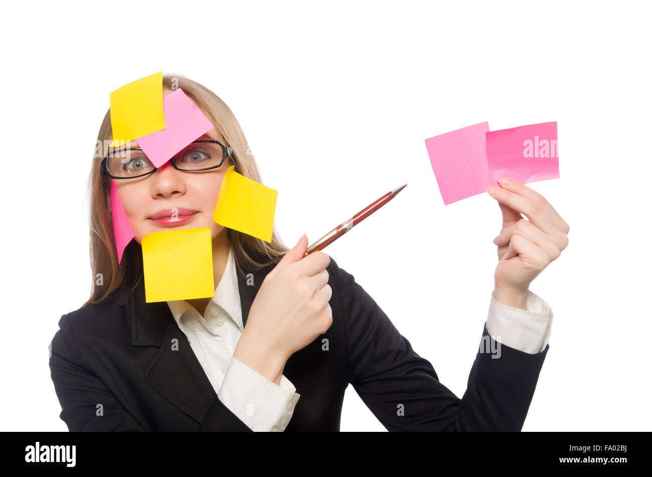 Woman with reminders isolated on white Stock Photo - Alamy