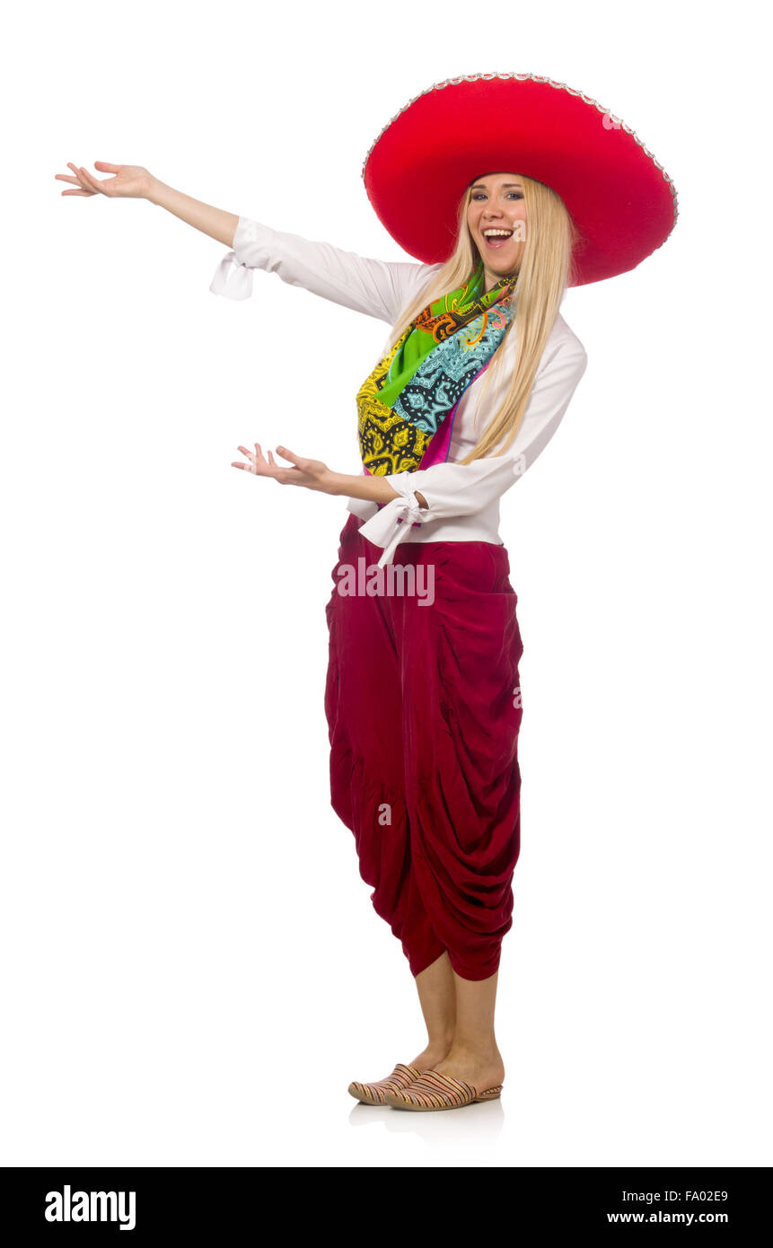 Mexican girl with sombrero dancing on white Stock Photo - Alamy
