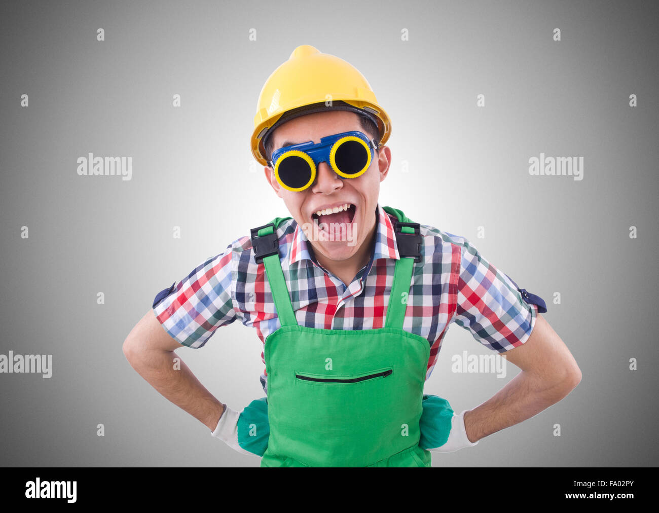 Funny construction worker isolated on white Stock Photo - Alamy