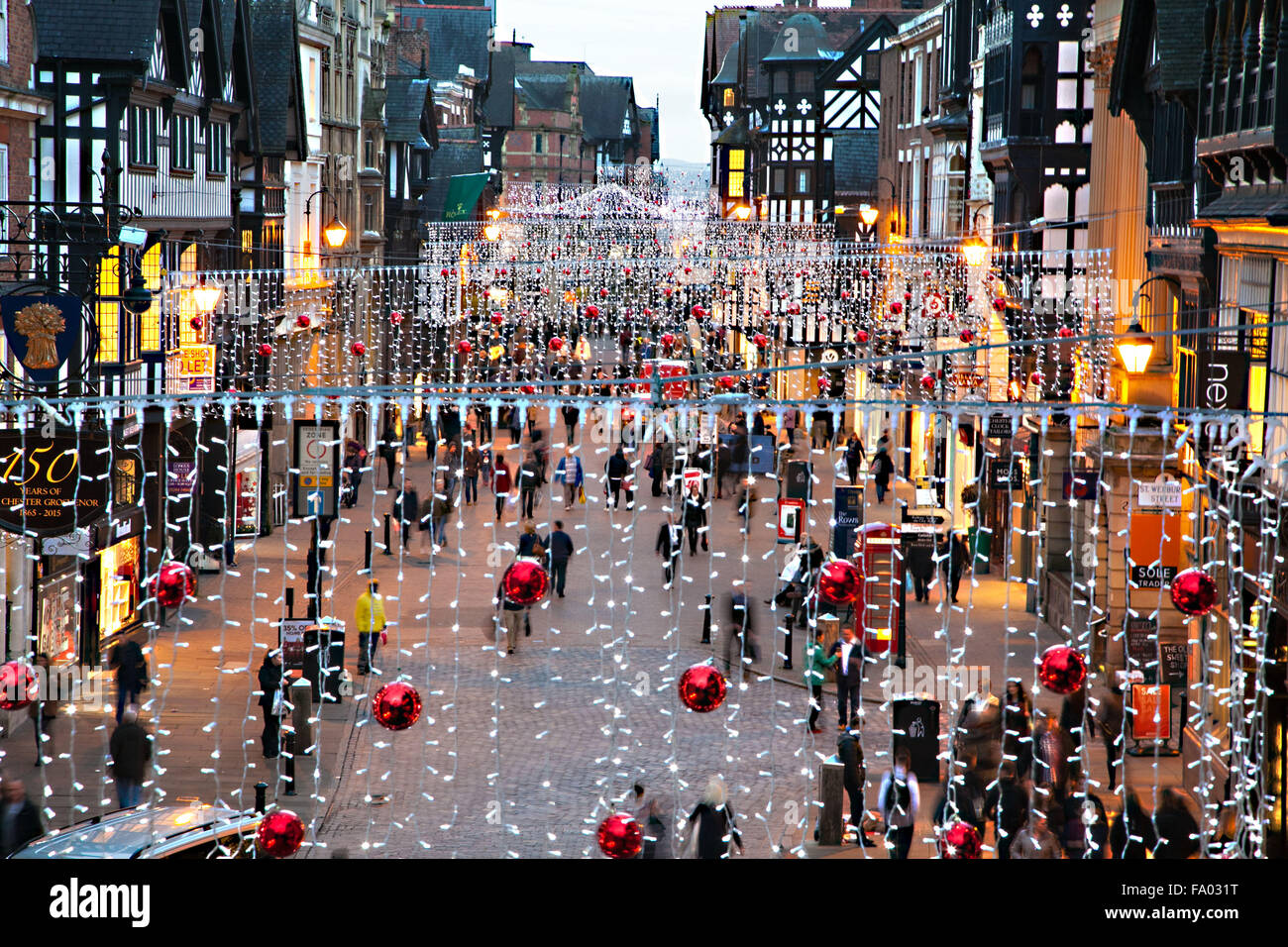 Street scene of Chester England with Christmas lights and people ...