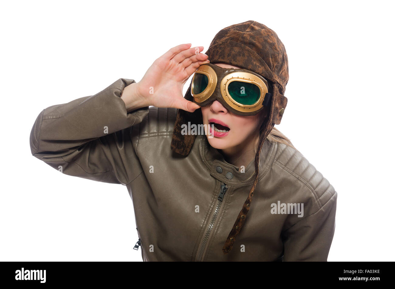 Funny woman pilot isolated on white Stock Photo - Alamy