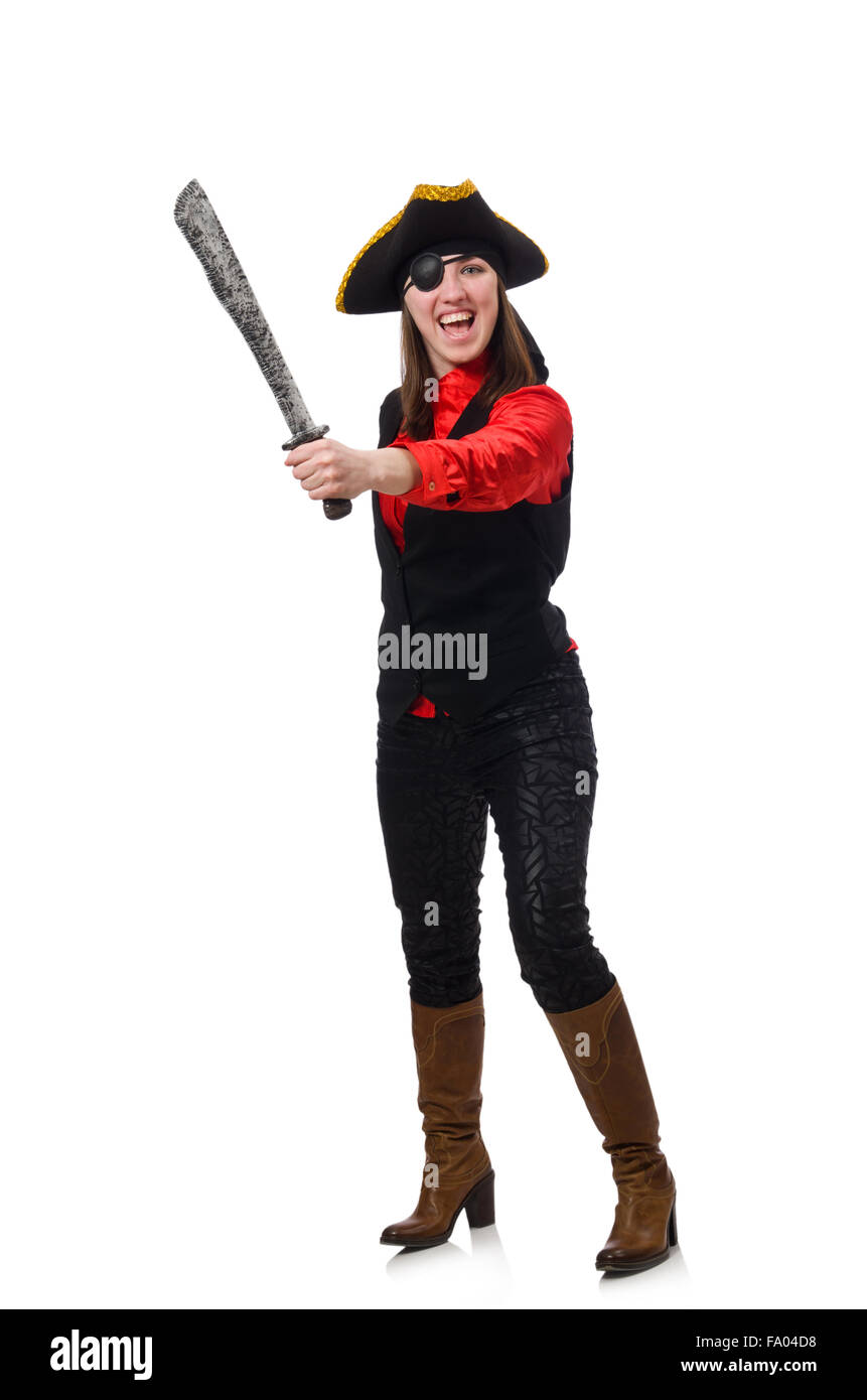 Female pirate holding sword isolated on white Stock Photo - Alamy