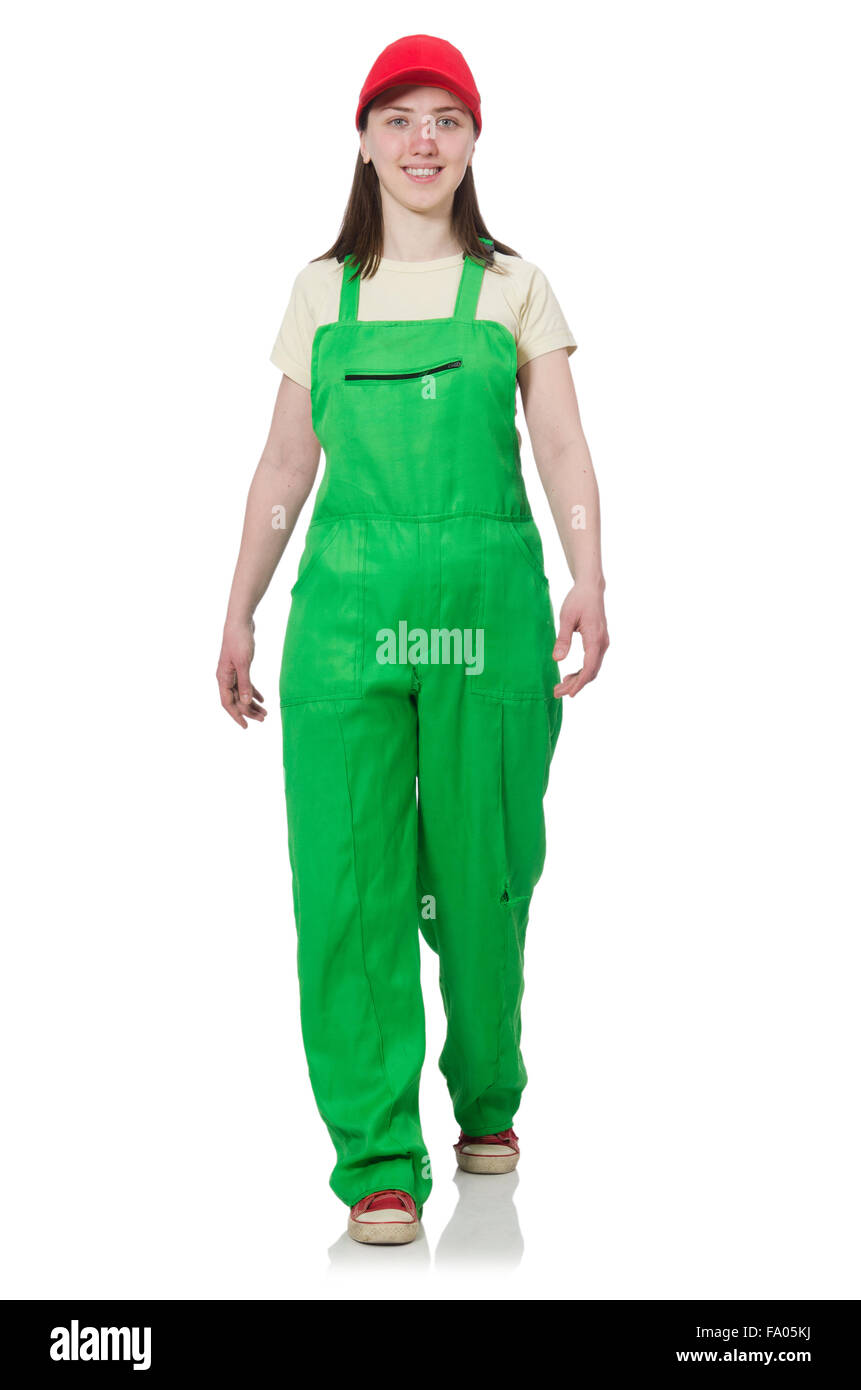 Female worker wearing coverall isolated on white Stock Photo - Alamy