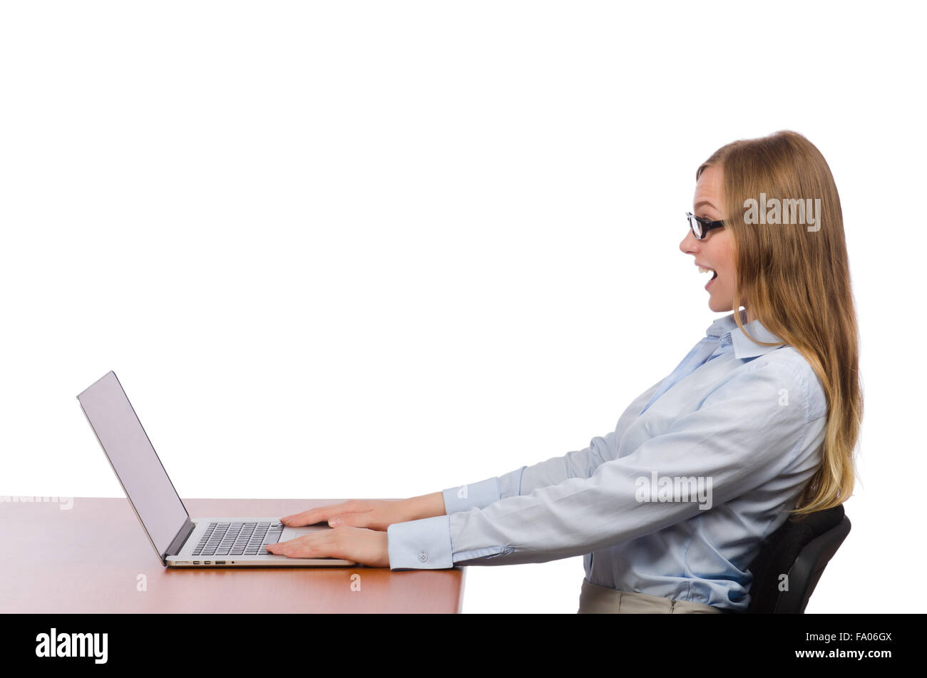 Office employee at work table with laptop isolated on white Stock Photo ...