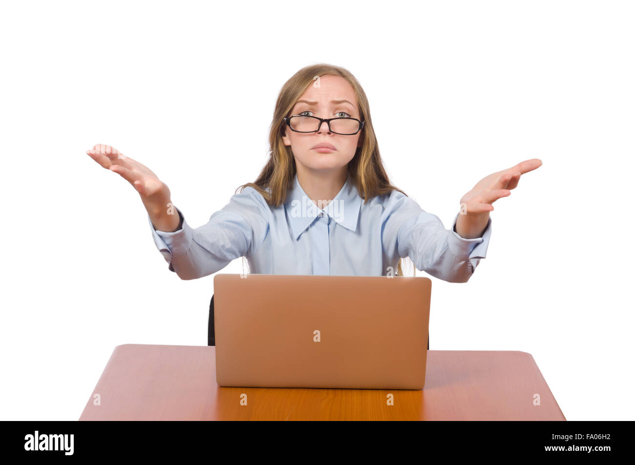 Office employee with laptop isolated on white Stock Photo - Alamy