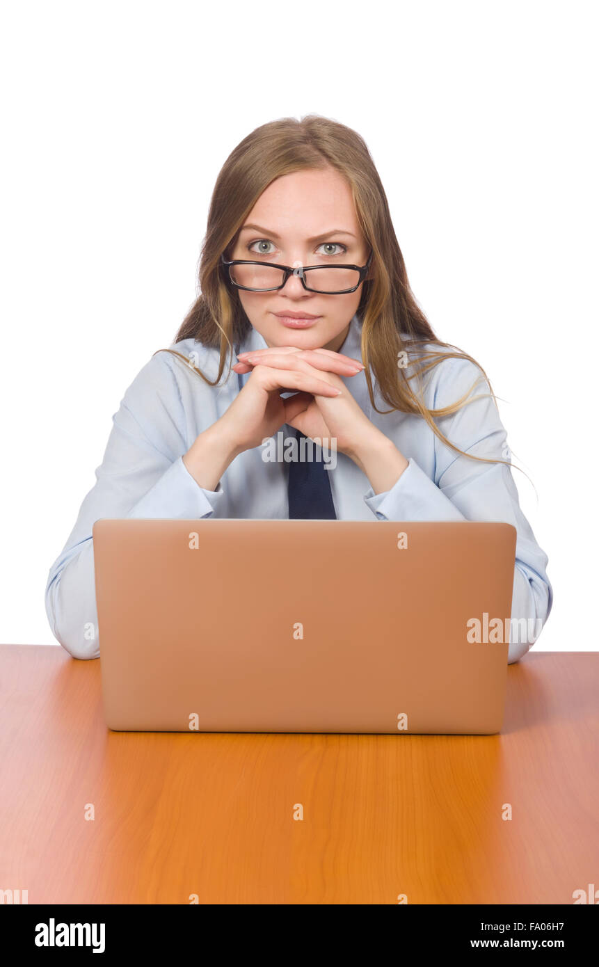 Office employee with laptop isolated on white Stock Photo - Alamy