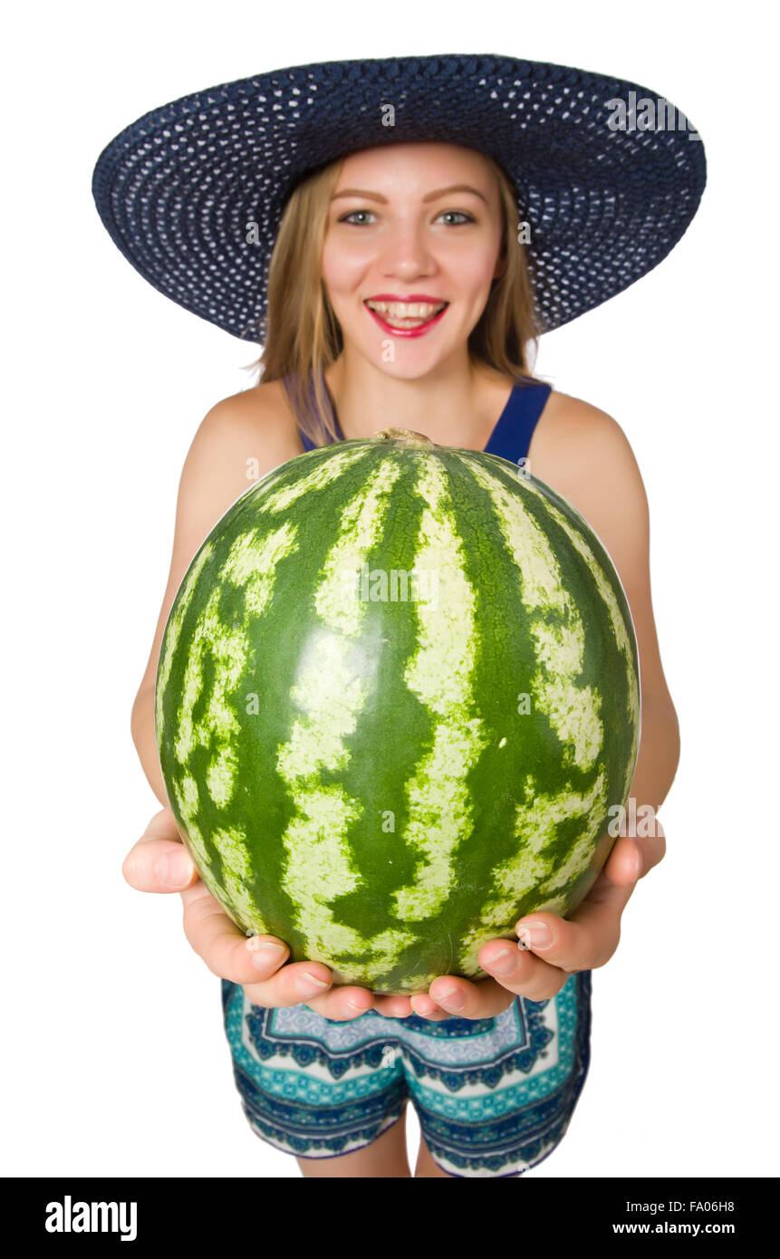 Woman with watermelon isolated on white Stock Photo - Alamy