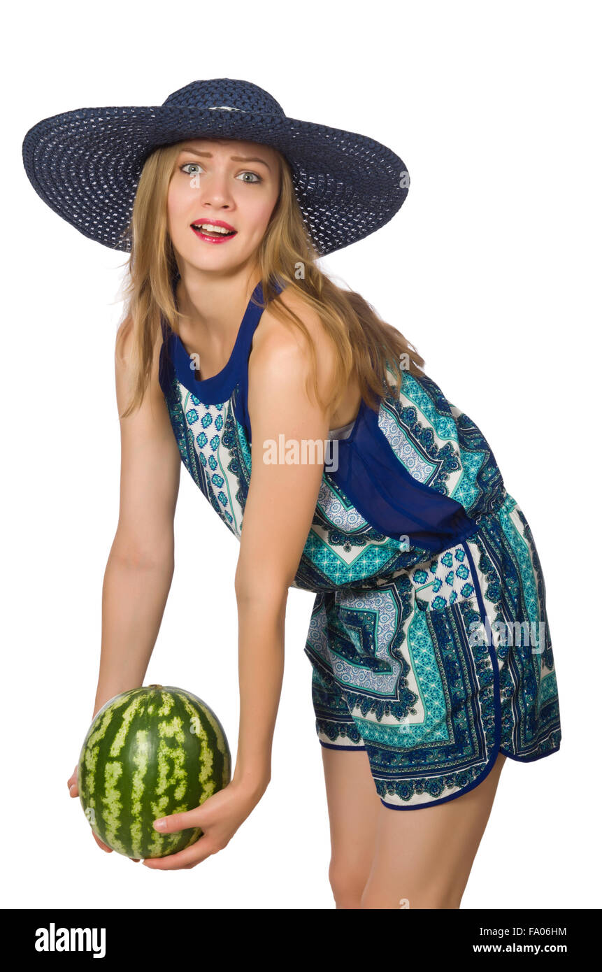 Woman with watermelon isolated on white Stock Photo - Alamy