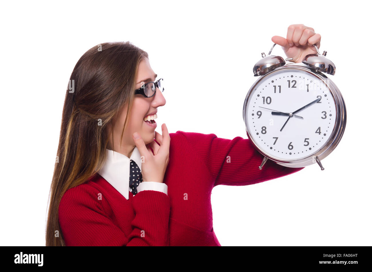 Office worker holding alarm clock isolated on white Stock Photo - Alamy