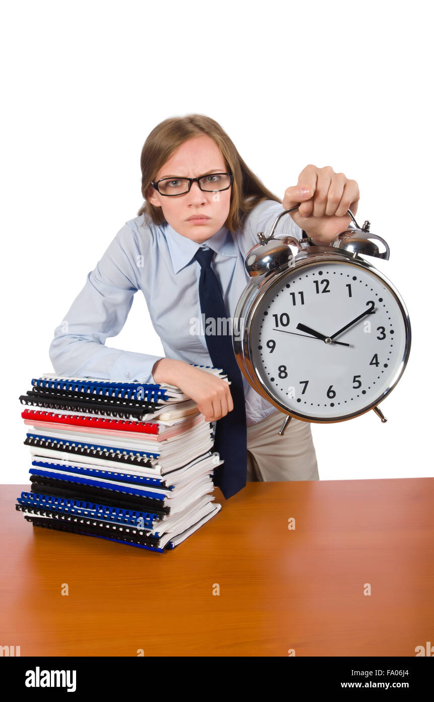 Office employee at work table with documents isolated on white Stock ...