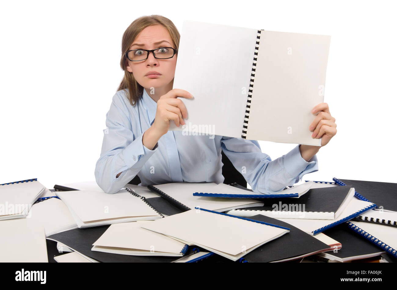 Office employee at work table isolated on white Stock Photo - Alamy