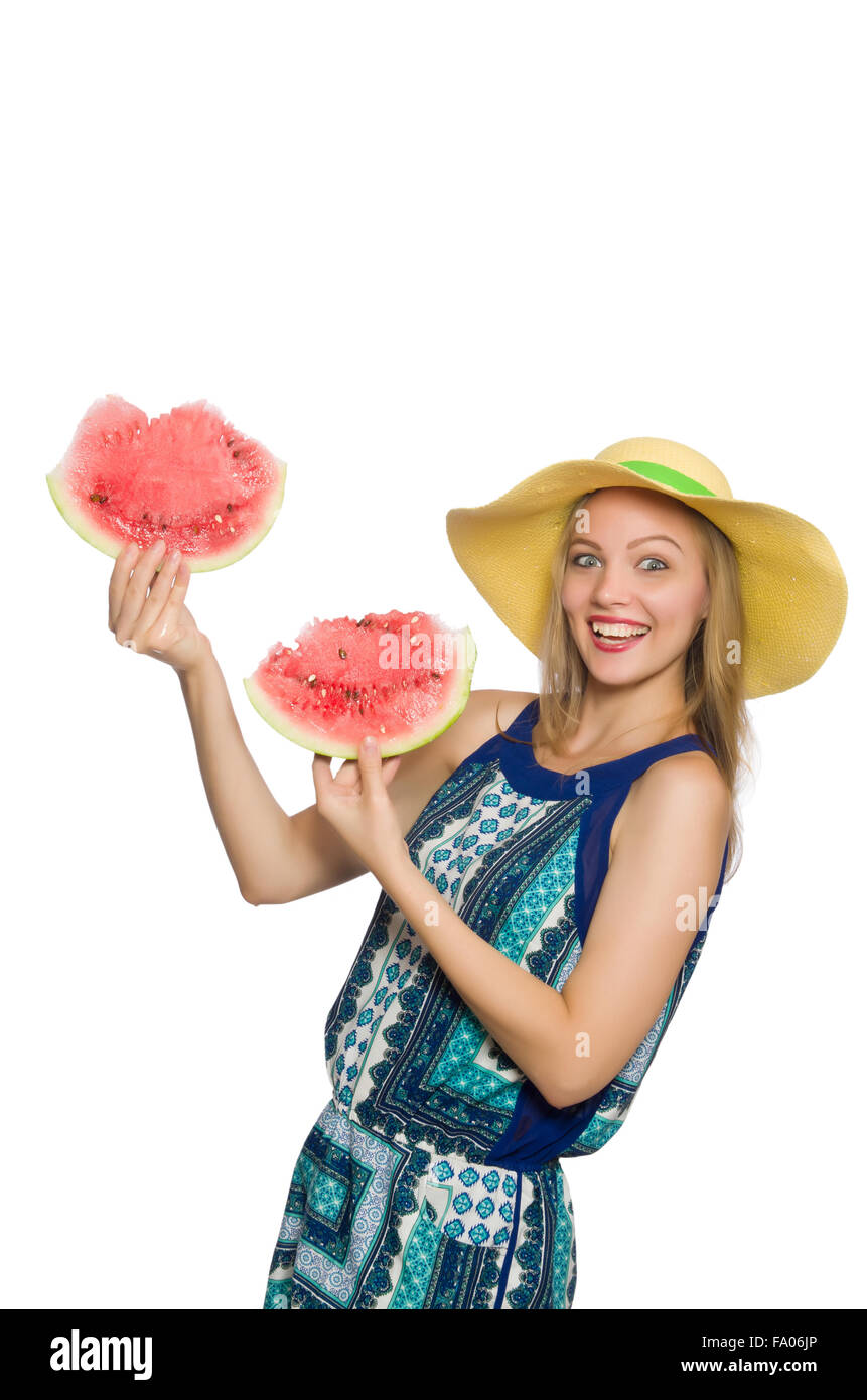 Woman with watermelon isolated on white Stock Photo - Alamy
