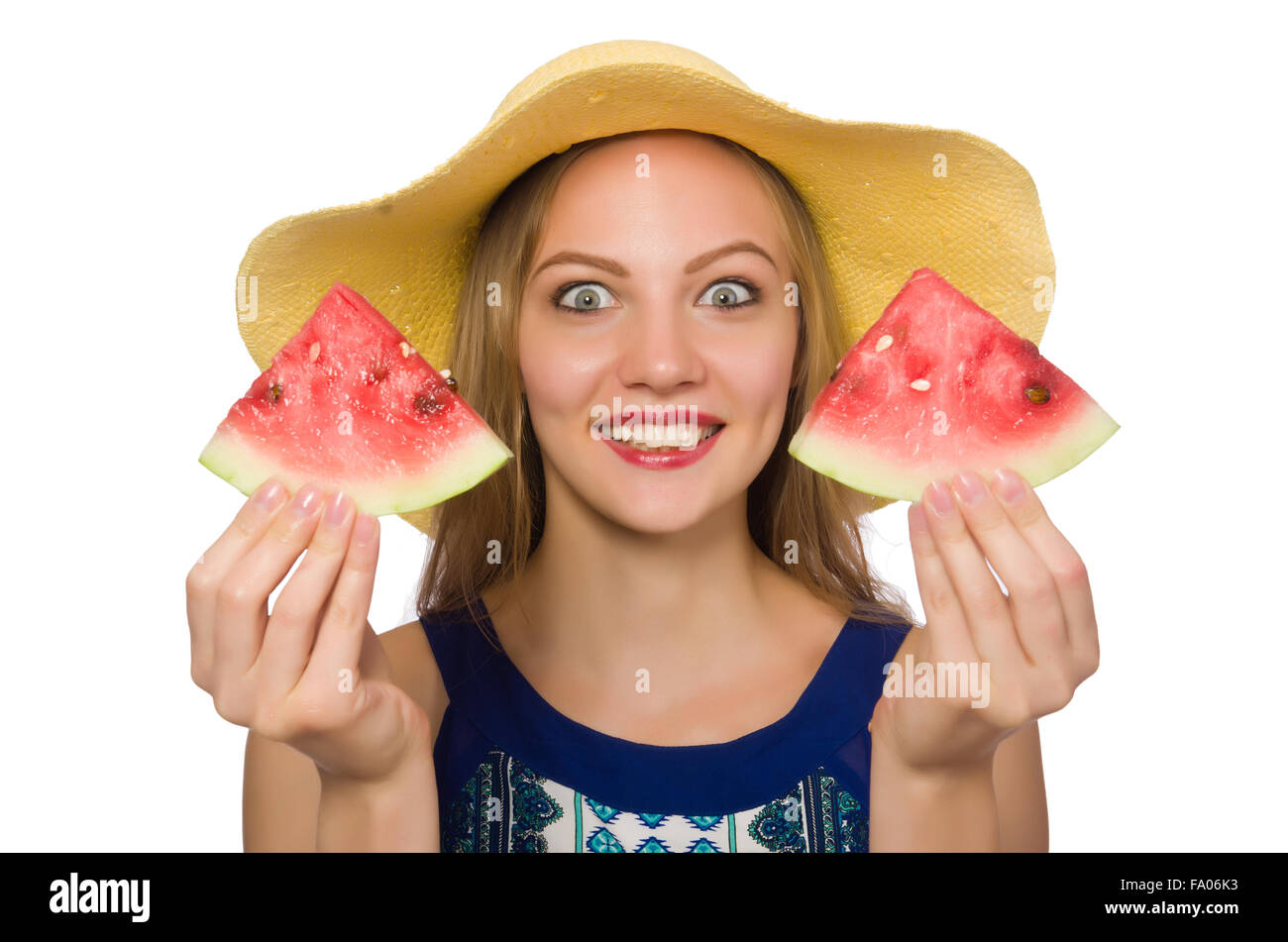 Woman with watermelon isolated on white Stock Photo - Alamy