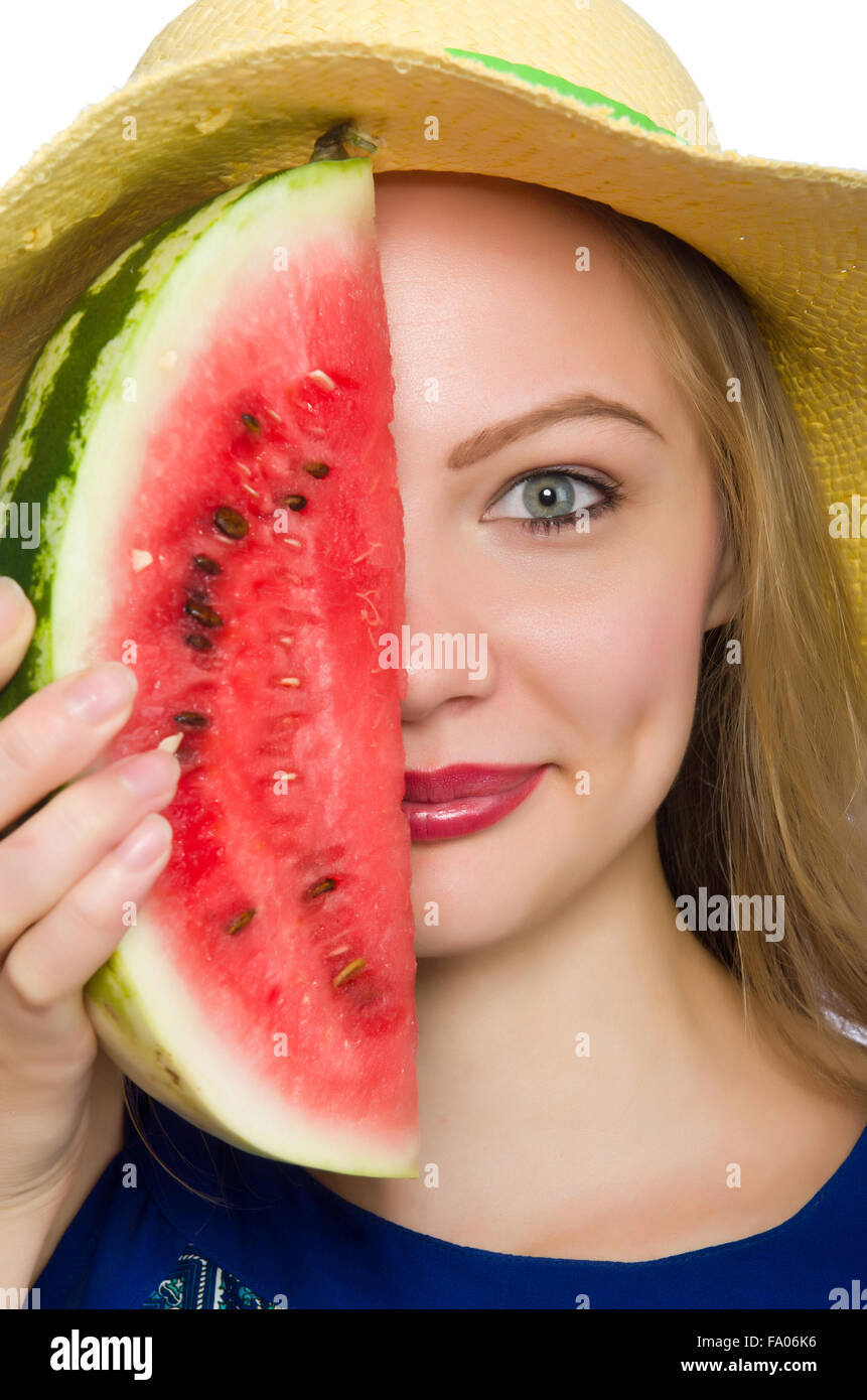 Woman with watermelon isolated on white Stock Photo - Alamy