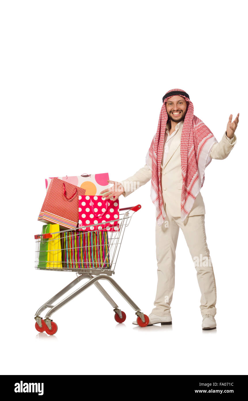 Arab man doing shopping isolated on white Stock Photo - Alamy