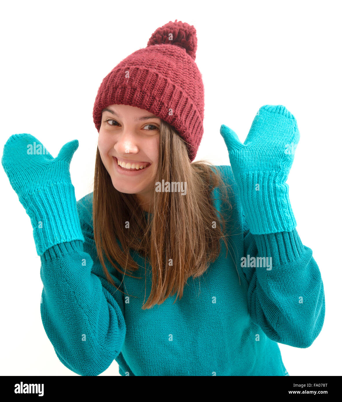 Beautiful girl in colorful winter clothes on white background Stock ...