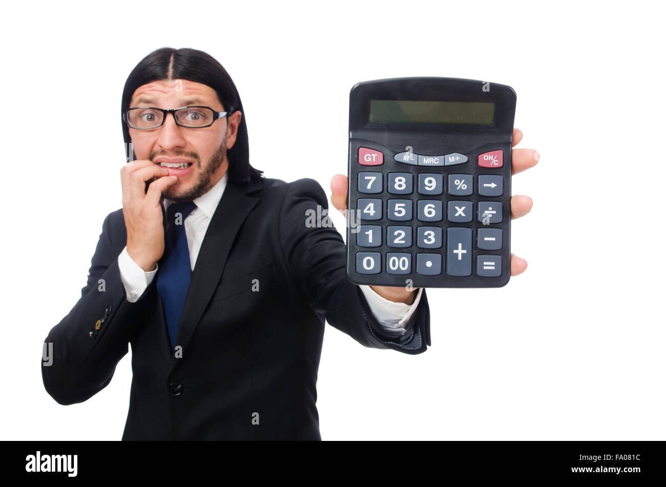 Man with calculator isolated on white Stock Photo - Alamy