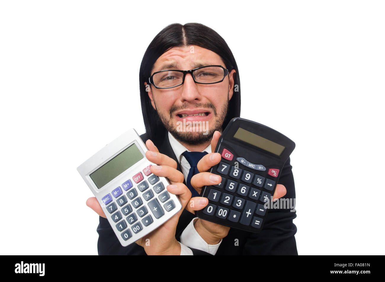 Man with calculator isolated on white Stock Photo - Alamy