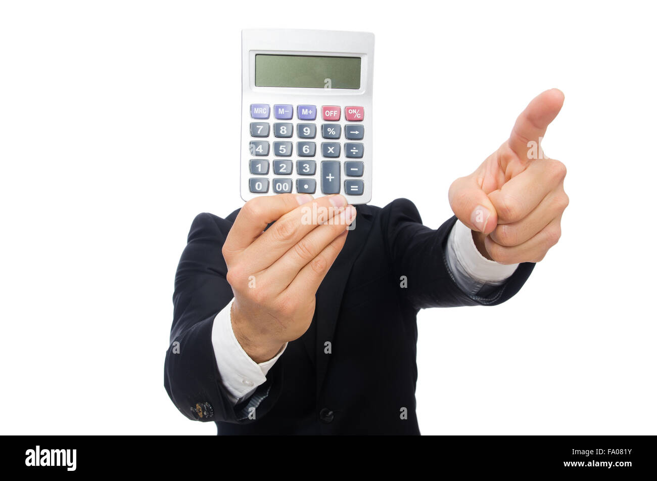 Man with calculator isolated on white Stock Photo - Alamy