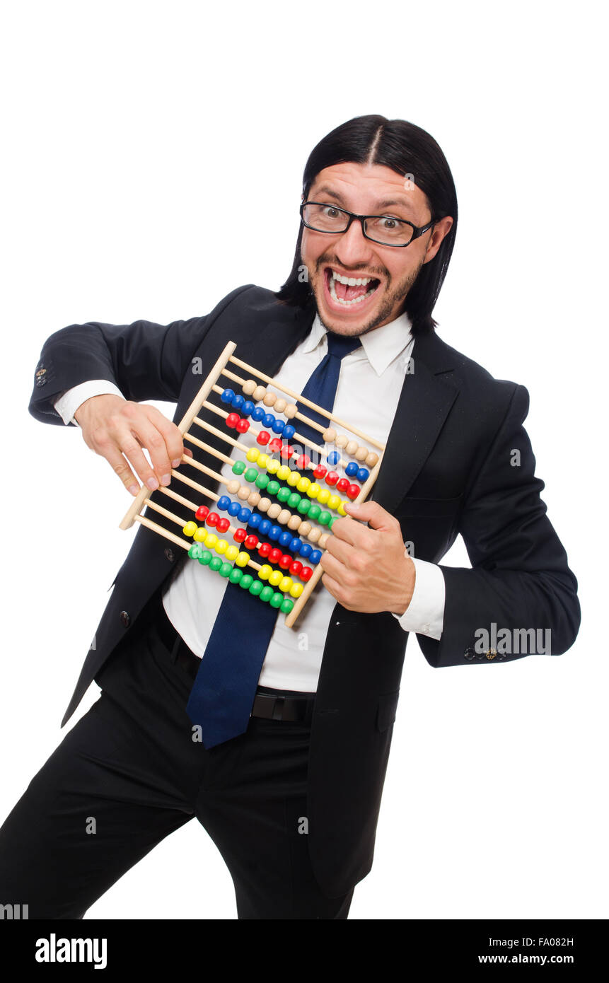 Funny man with calculator and abacus Stock Photo - Alamy