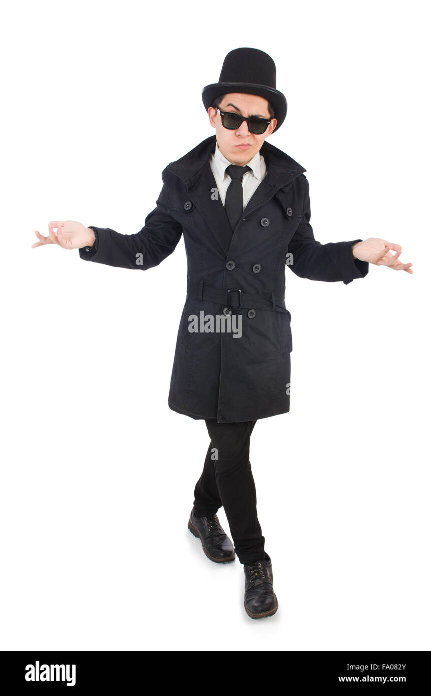 Young detective in black coat isolated on white Stock Photo - Alamy